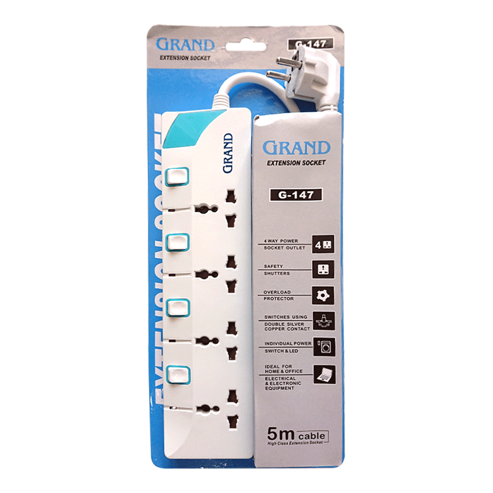 ព្រីខ្សែ5ម៉ែត្រ-គ្រេន រន្ធ4|Extension Cord 4W G-147, 5m GRAND